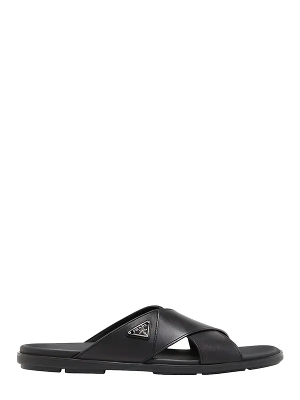 Prada Leather Crisscross Slide Sandals - Black