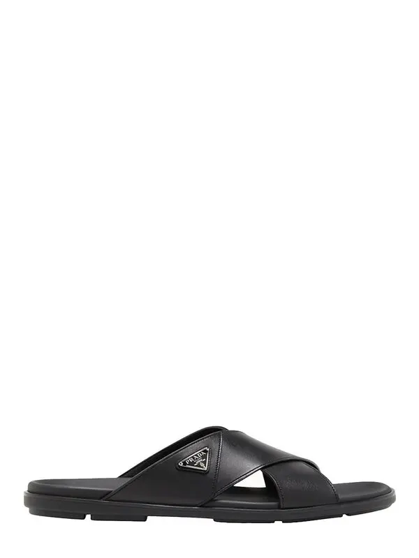 Prada Leather Crisscross Slide Sandals - Black