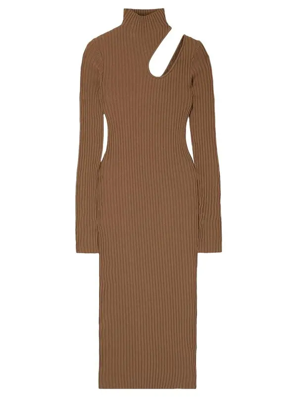 ANINE BING Victoria Cutout Ribbed Cotton Turtleneck Midi Dress - Light Brown