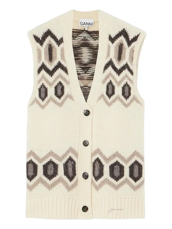 GANNI Oversized Intarsia-knit Wool Vest - Ivory