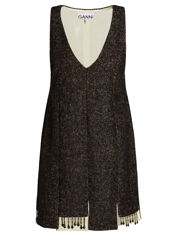GANNI Herringbone Tweed Mini Dress - Black