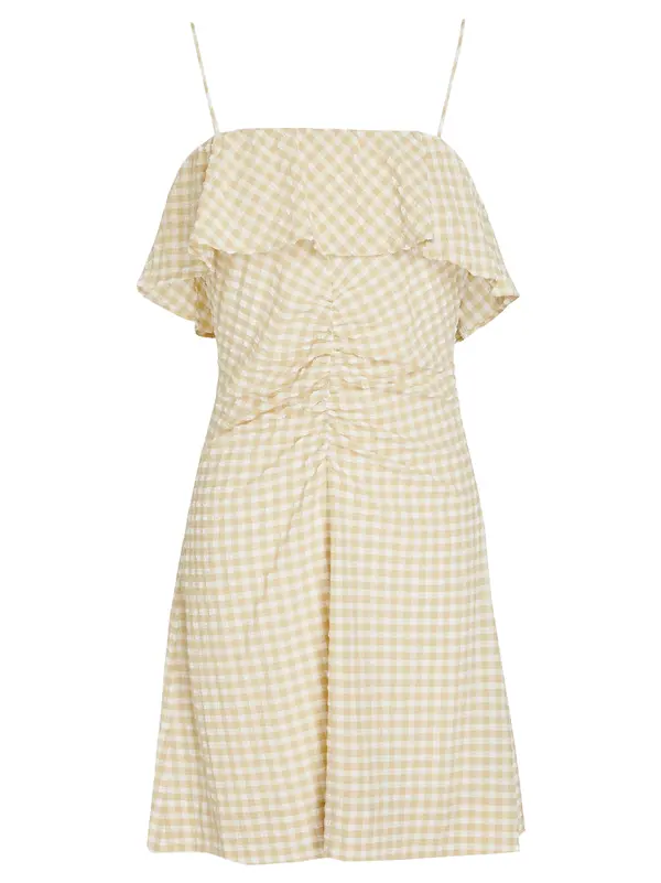 GANNI Ruched Gingham Seersucker Mini Dress - Beige