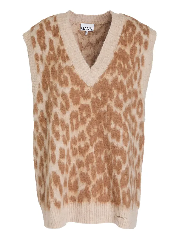 GANNI Brushed Leopard-jacquard Vest - Light Brown