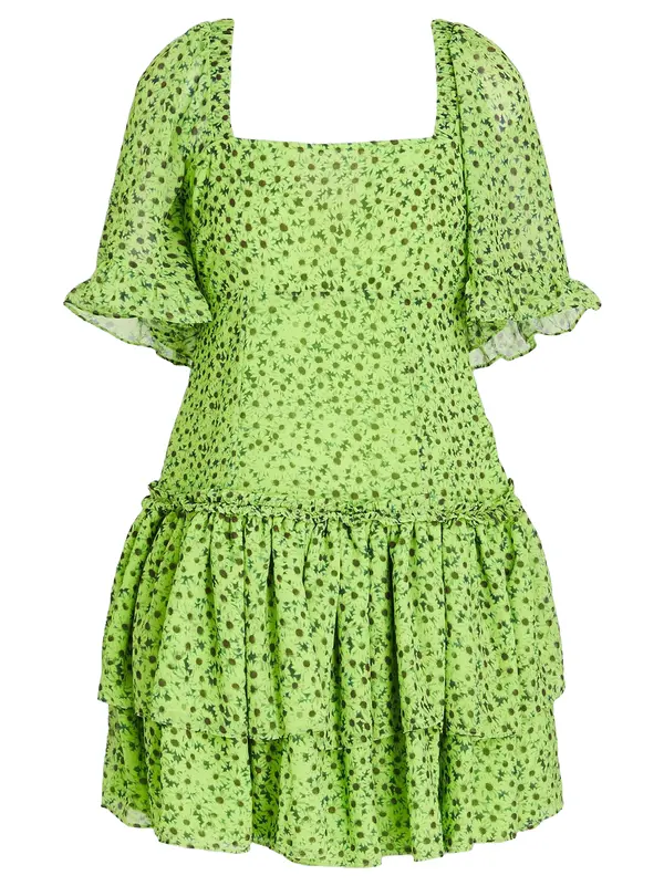 GANNI Tiered Floral-print Voile Mini Dress - Lime Green
