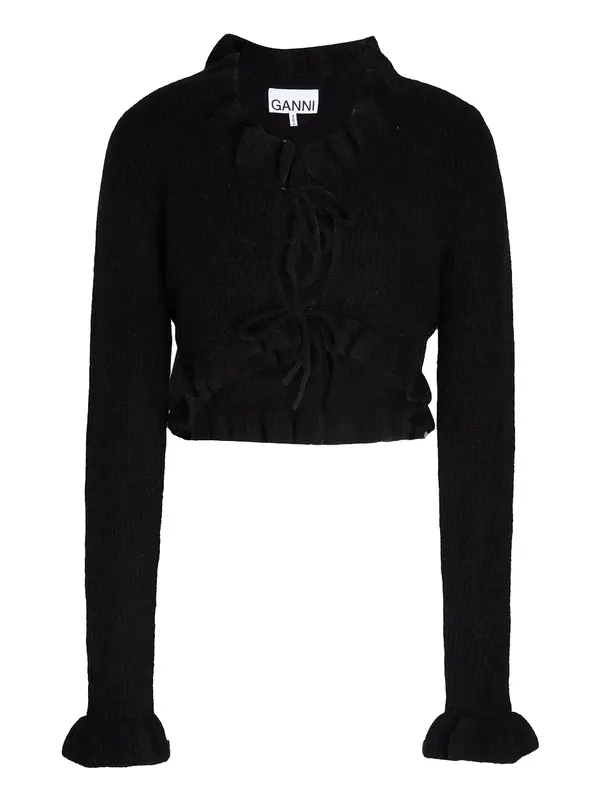 GANNI Cropped Ruffled Ribbed-knit Cardigan - Black
