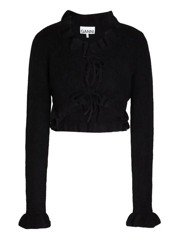 GANNI Cropped Ruffled Ribbed-knit Cardigan - Black