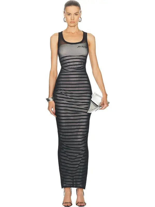 JEAN PAUL GAULTIER Ribbed Mariniere Mesh Layer Long Dress - Navy  White  & Black