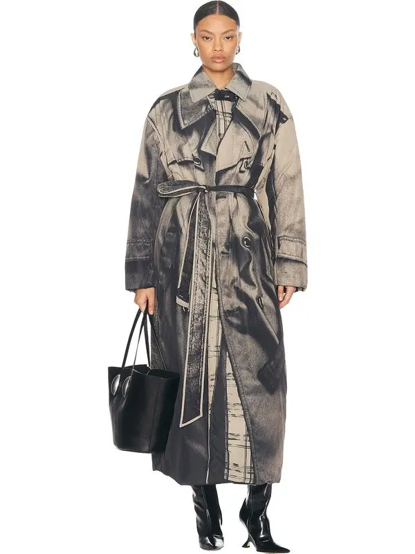 Jean Paul Gaultier Nylon Padded Printed Trench Coat - Beige & Black