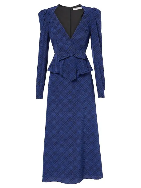 Alessandra Rich Tartan Silk Midi Dress - Blue