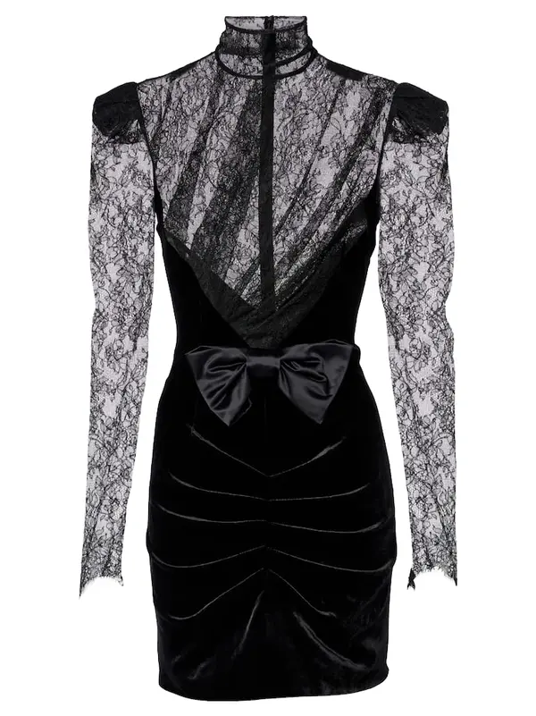 Alessandra Rich Bow-detail Velvet And Lace Minidress - Black