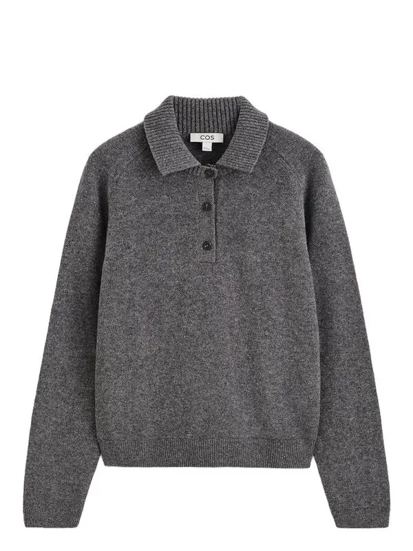 Cos Merino Wool Polo Shirt With Ribbed Collar - Gray