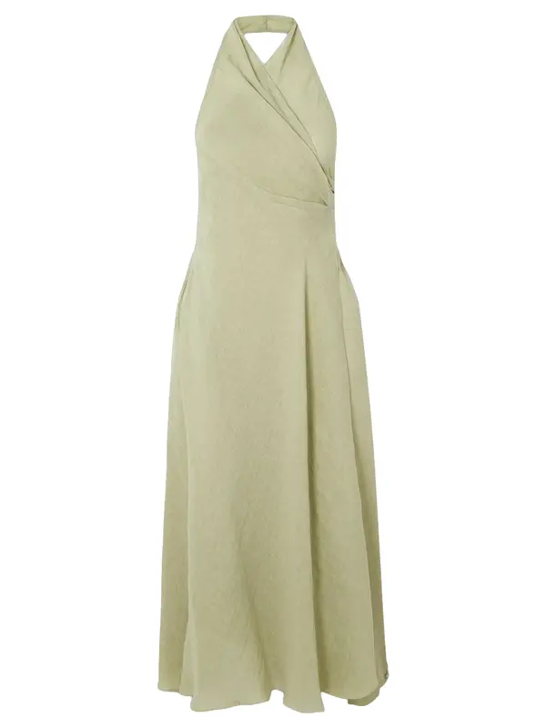 THREE GRACES LONDON Yara Linen-blend Halterneck Midi Wrap Dress - Sage Green