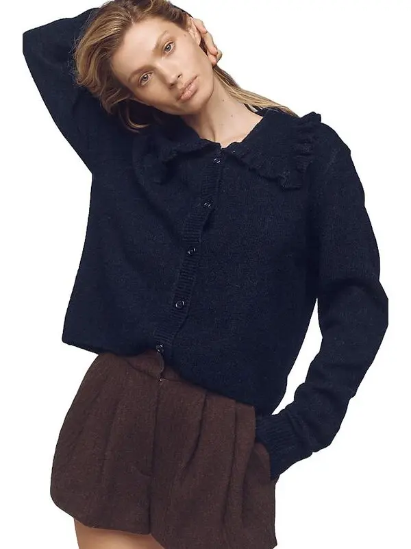 SELF CONTRAST The Asley Ruffle-collar Cardigan Sweater - Navy