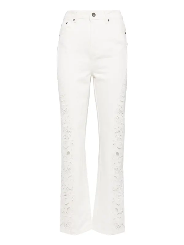 SELF-PORTRAIT Embroidered Cotton Straight Leg Jeans - White