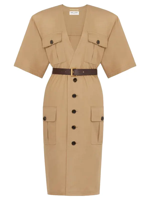 Saint Laurent Cotton Twill Midi Shirt Dress - Beige