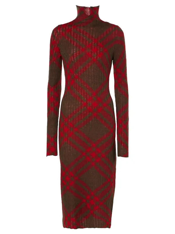 Burberry Check Ribbed-knit Midi Dress - Red