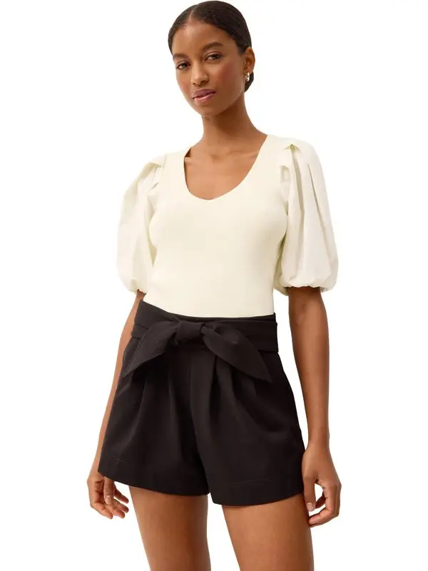 MARIE OLIVER Ribbed Knit Top With Puff Sleeves - Ivory