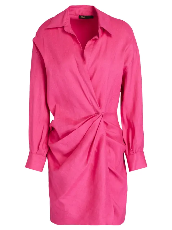 Maje Draped Linen-blend Mini Wrap Dress - Fuchsia