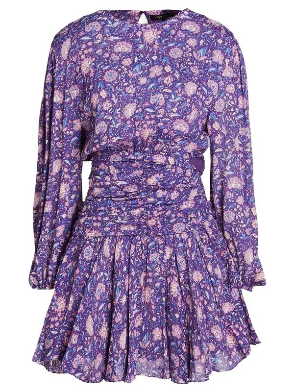 Maje Cutout Floral-print Crepe De Chine Mini Dress - Purple