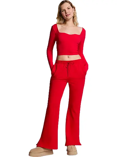 Pink Ivy Fleece Split-hem Flare Sweatpants - Red