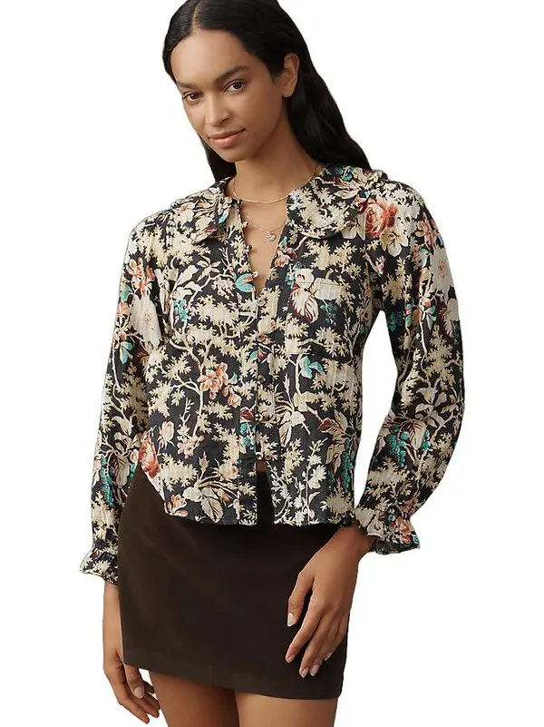 PILCRO Keira Collared Blouse - Black Floral