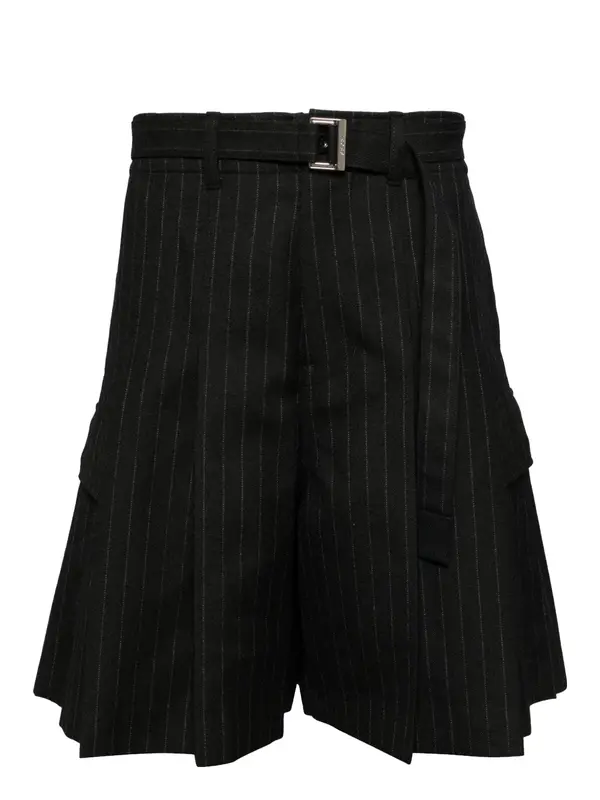 Sacai Belted Pinstripe Wool Shorts - Black