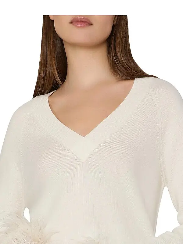 MILLY Wool Blend V Neck Sweater With Feather Trim - Ecru