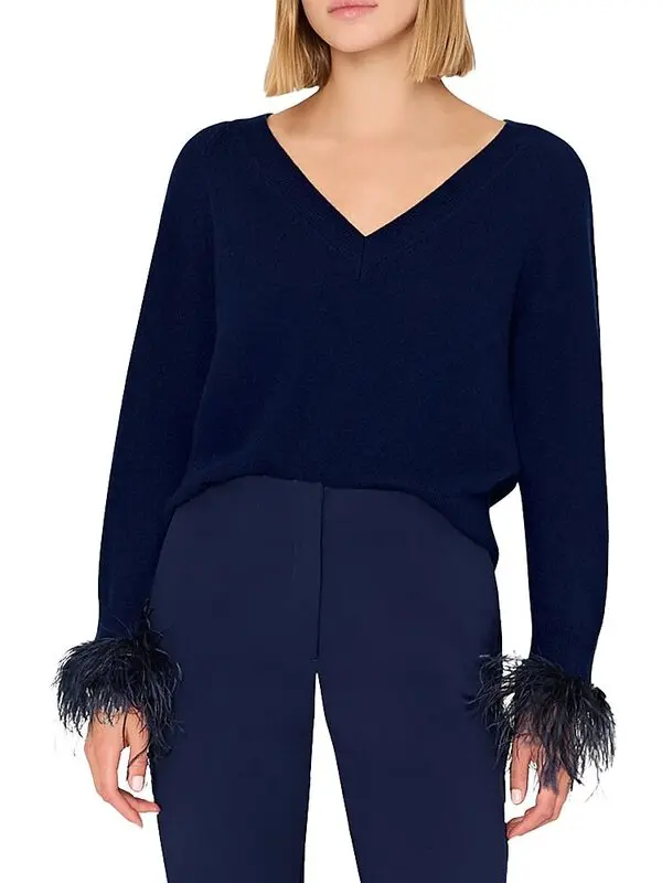MILLY Wool Blend V Neck Sweater With Feather Trim - Navy