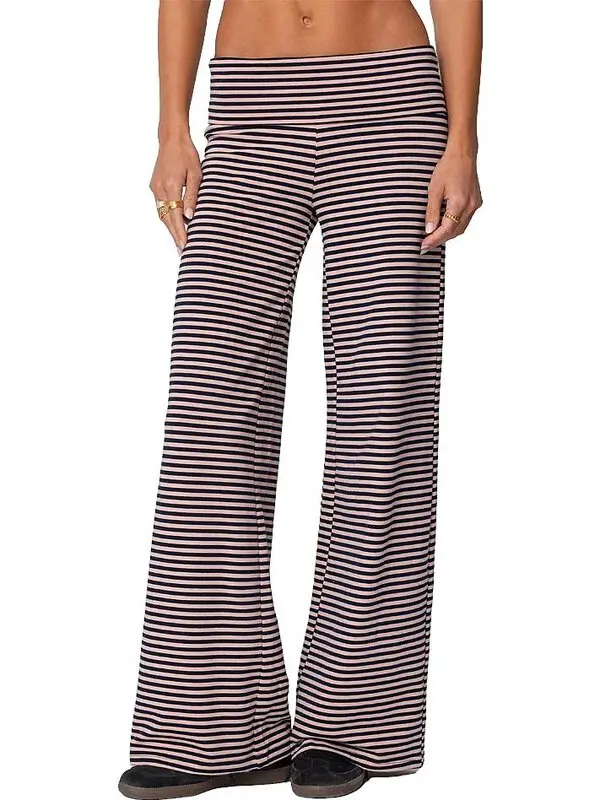 EDIKTED Striped Fold Over Pants - Navy And Pink
