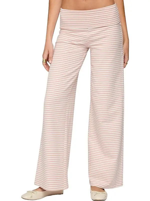 EDIKTED Striped Fold Over Pants - Pink-and-white