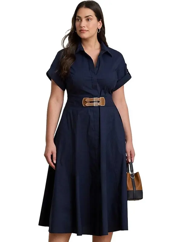 Ralph Lauren Buckle-trim Fit-and-flare Stretch-cotton Blend Dress - Lauren Navy