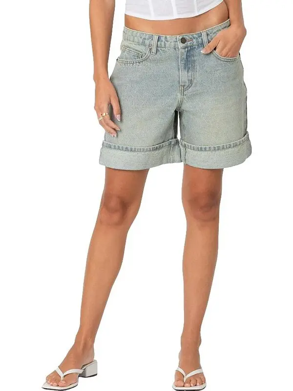 EDIKTED Cuffed Washed Denim Bermuda Shorts - Light Blue