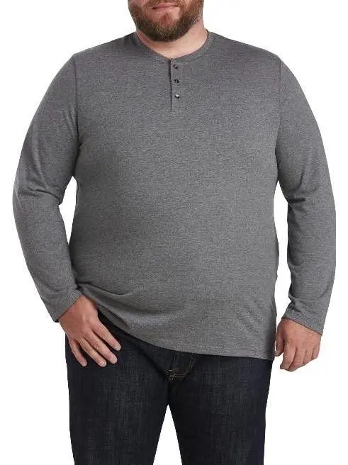 HARBOR BAY BY DXL Big & Tall Wicking Long-sleeve Henley Shirt - Granite Heather