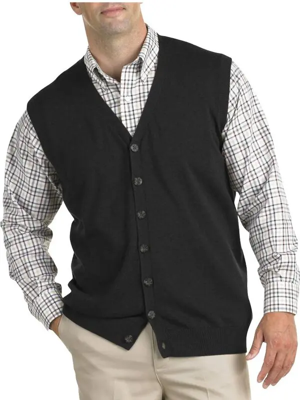 OAK HILL BY DXL Button-front Sweater Vest - Carbon Heather