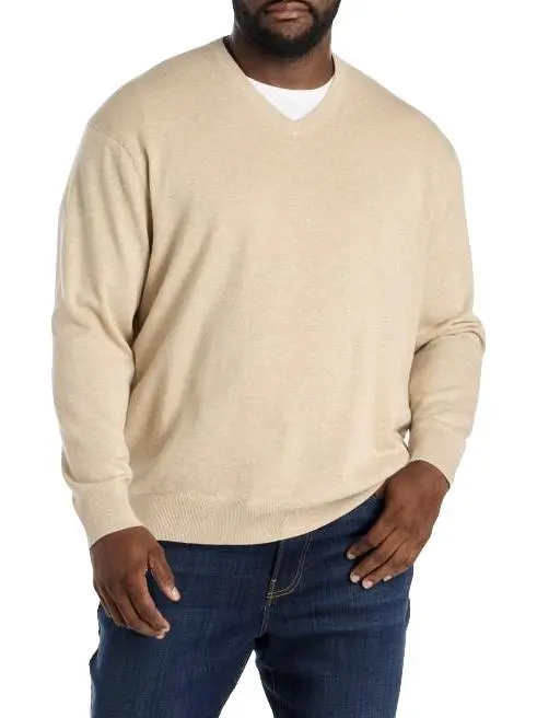 HARBOR BAY BY DXL Big & Tall V-neck Pullover - Oatmeal Heather