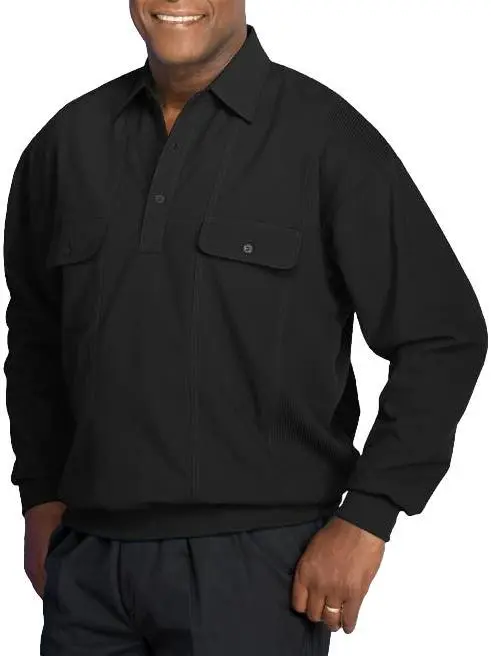 HARBOR BAY BY DXL Big & Tall Long-sleeve Mesh Panel Banded-hem Shirt - Black