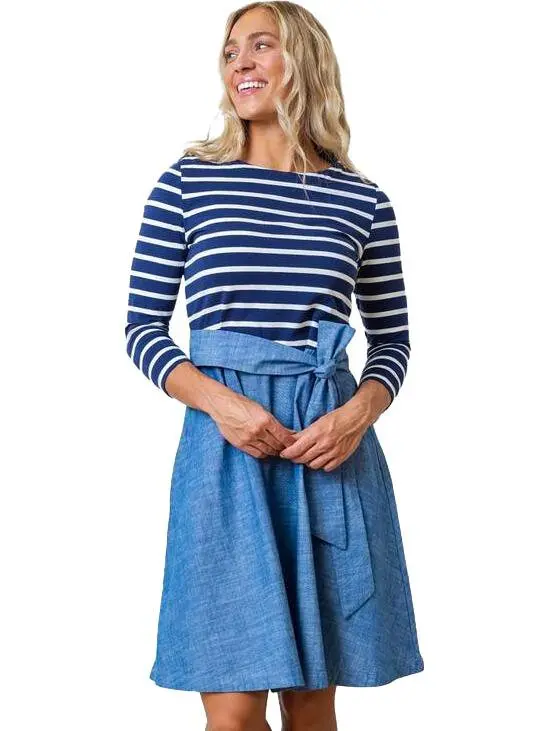 HOPE & HENRY French Jersey Skater Dress - Navy And White With Chambray