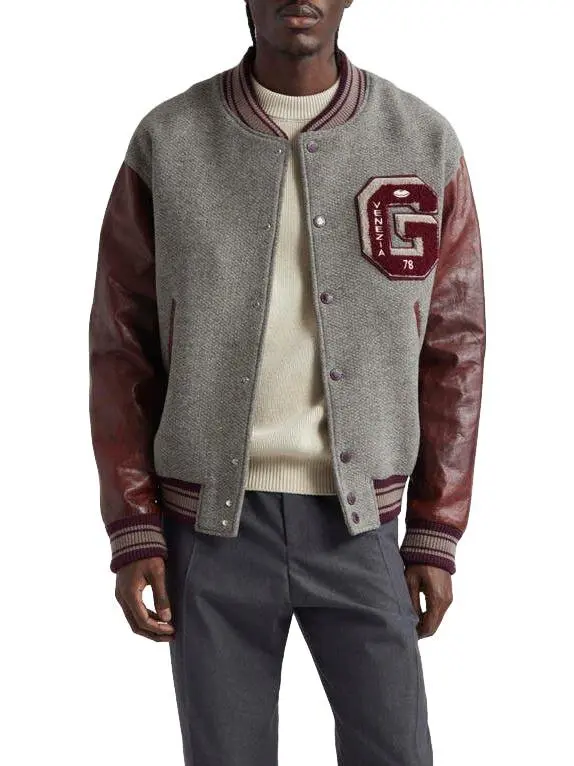 GOLDEN GOOSE Journey Varsity Bomber Jacket - Melange Grey/vineyard Wine