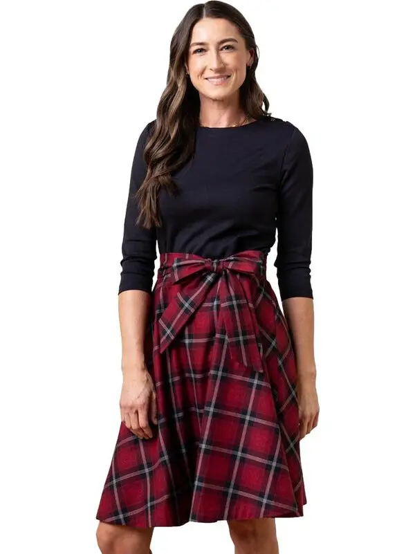 HOPE & HENRY Fit And Flare Dress With Sash - Oxblood City Plaid