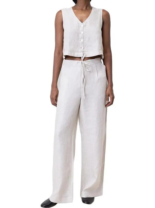 REISTOR Cropped Linen Vest Top - Linen Check White