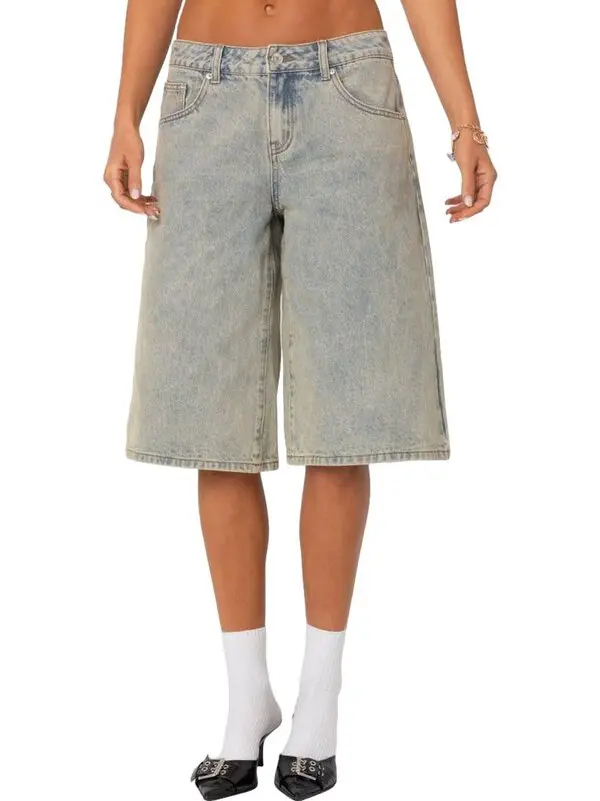 EDIKTED Acid Wash Denim Bermuda Shorts - Blue