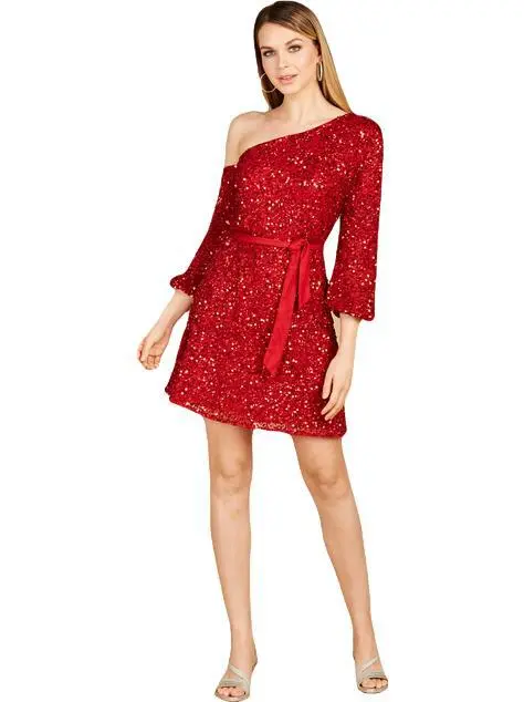 LARA NEW YORK Beaded One Shoulder Midi Dress - Red