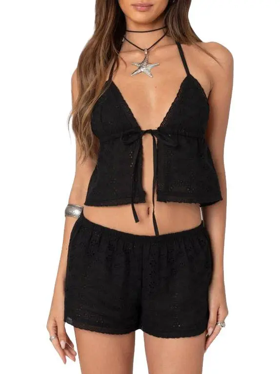 EDIKTED Jael Eyelet Halter Crop Top - Black