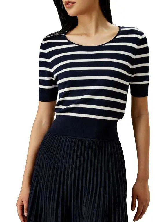 Lilysilk Striped Knit Top - Navy Blue And White Stripes