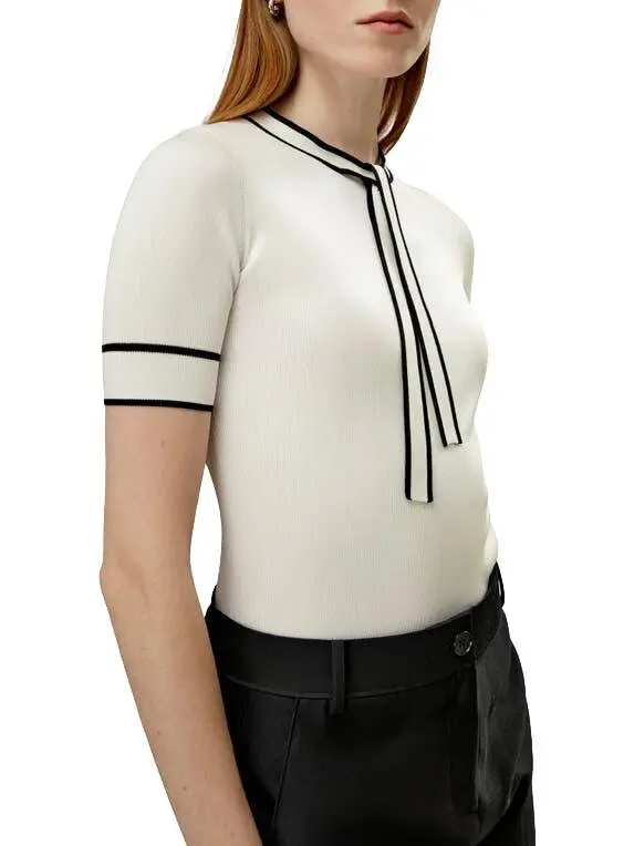 Lilysilk Silk Knit Top With Ribbon Detail - White With Black Stripes