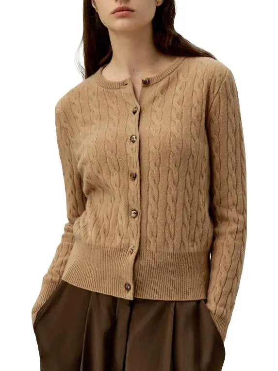 Lilysilk Cable-knit Cashmere Crewneck Cardigan - Camel