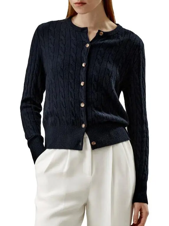 Lilysilk Cable-knit Cashmere Crewneck Cardigan - Navy Blue