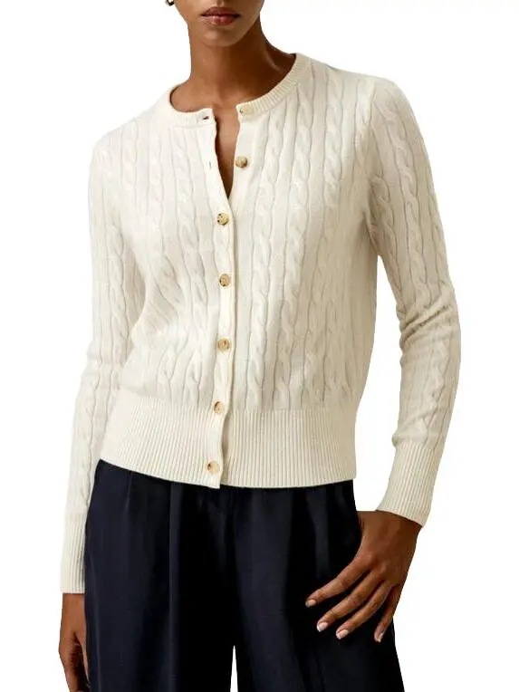 Lilysilk Cable-knit Cashmere Crewneck Cardigan - White