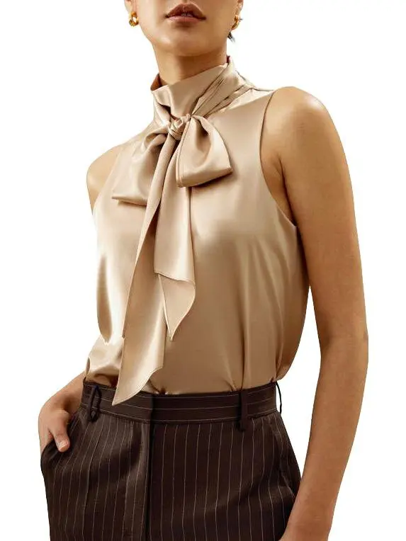 Lilysilk Sleeveless Silk Blouse With Tie Neck - Light Camel