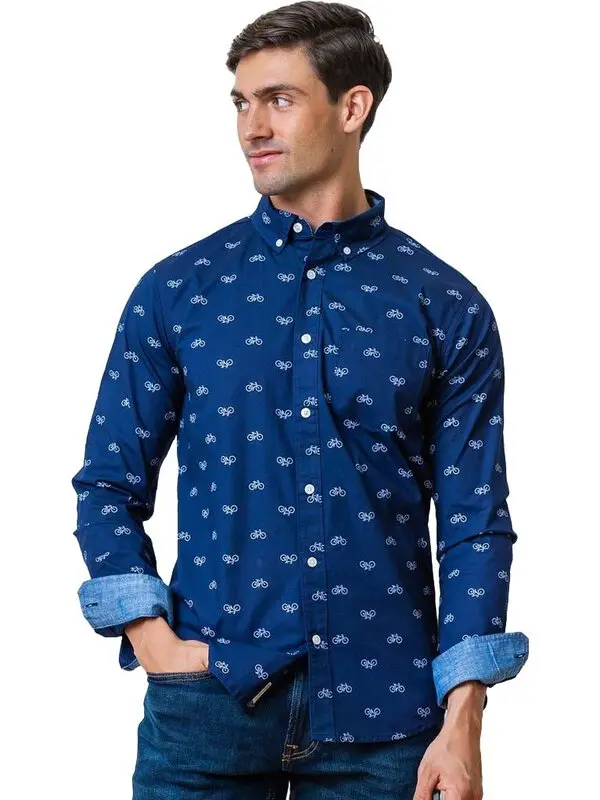 HOPE & HENRY Organic Stretch Poplin Shirt - Navy Bicycle Print